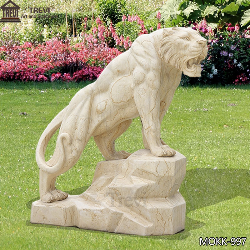 Beautiful Beige Marble Tiger Statue on Rock Garden Decor