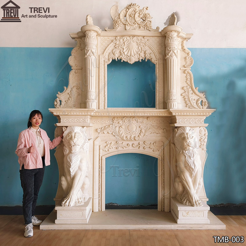 Classic Overmantel Marble Fireplace with Lion Statues Trevi Statue